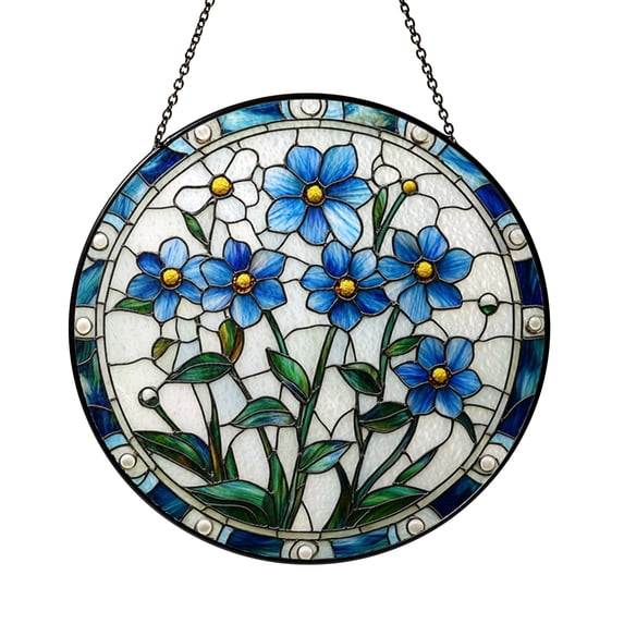 Blue Floral Stained Glass Suncatcher Window Decor Elegant Flower ...