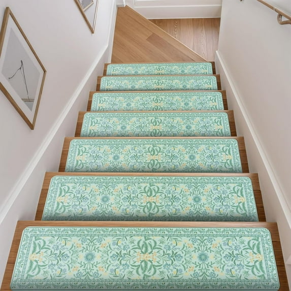 Blue Floral Stair Treads Non Slip 15PCS, 8"x30" Stair Runner for Wooden ...