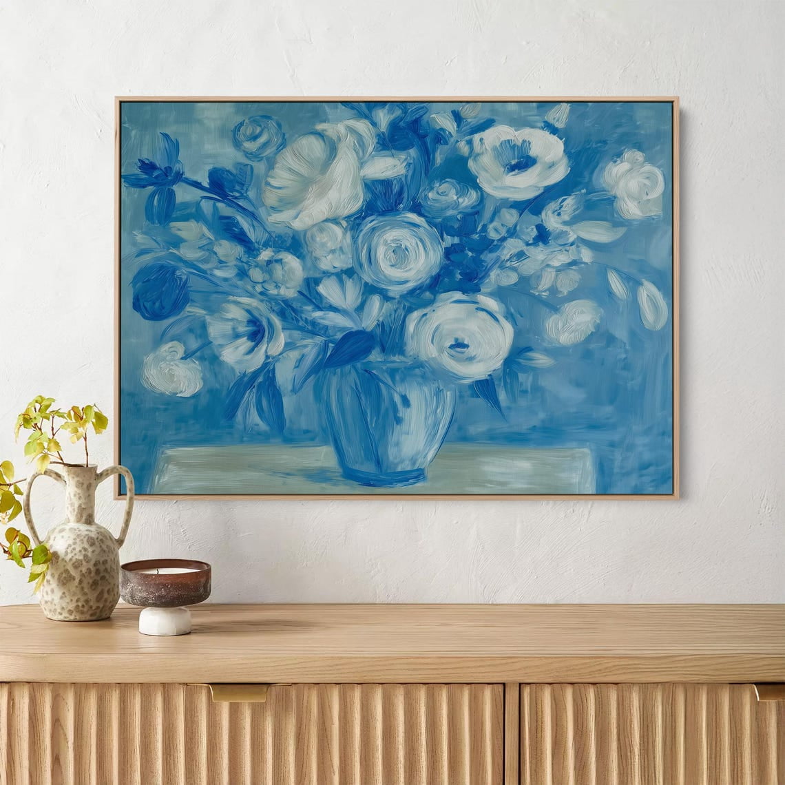 Blue Floral Still Life Monochrome Bouquet Modern Wall Decor, Unframed ...