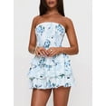 Blue Floral Strapless Tiered Mini Dress With Pom-Pom Trim Summer ...