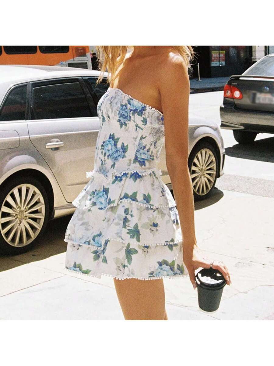 Blue Floral Strapless Tiered Ruched Mini Dress With Lace Ruffle Hem A ...