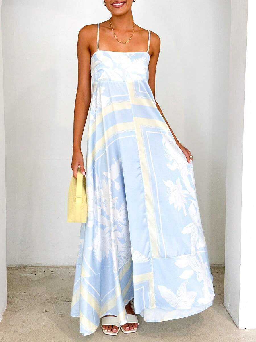 Blue Floral & Stripe Smocked Spaghetti Strap Maxi Dress Flowy A-Line ...