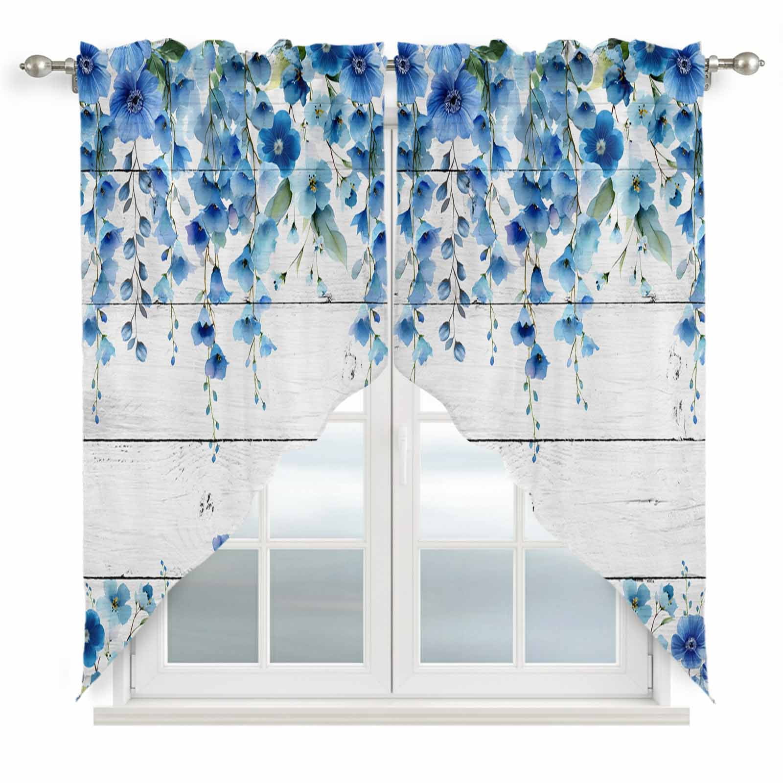 Blue Floral Swag Curtain Valance for Window 2 Panels Watercolor Spring ...