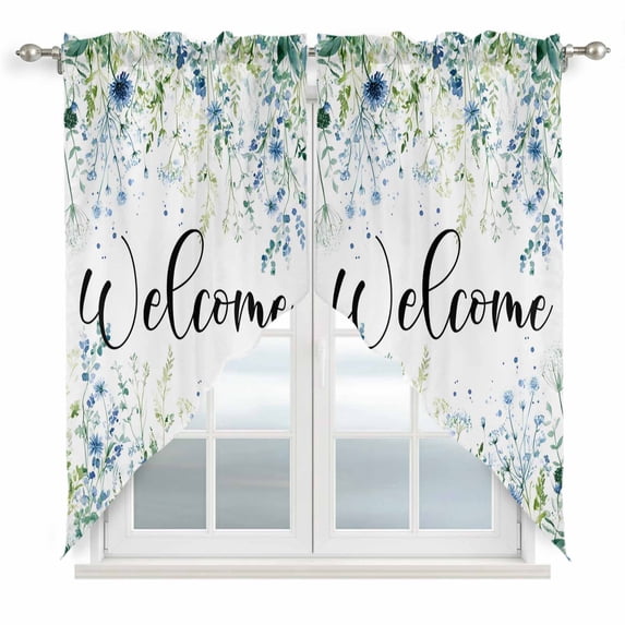 Blue Floral Swag Curtain Valance for Window 2 Panels Welcome Watercolor ...