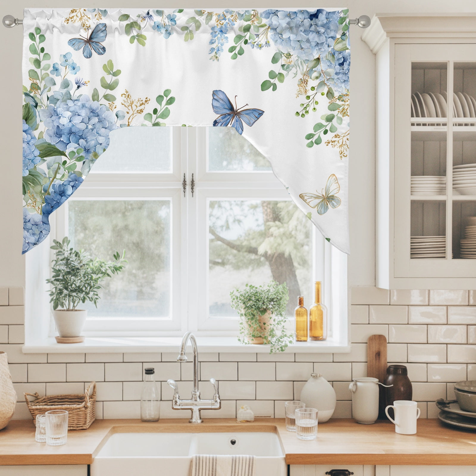 Blue Floral Swag Curtain Valance for Windows, Summer Country Blue ...