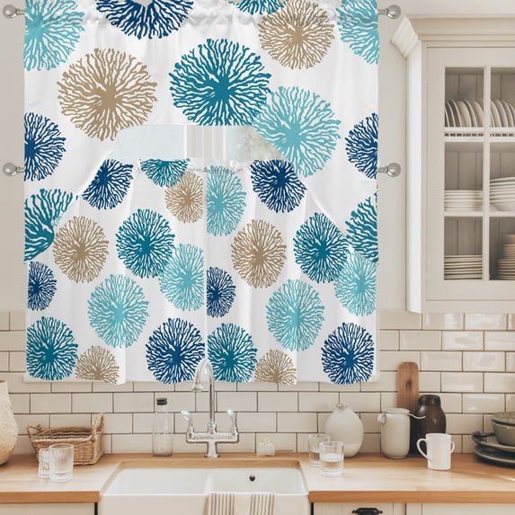 Blue Floral Swag Curtains Valance and Tier Set, Modern Blue Khaki ...