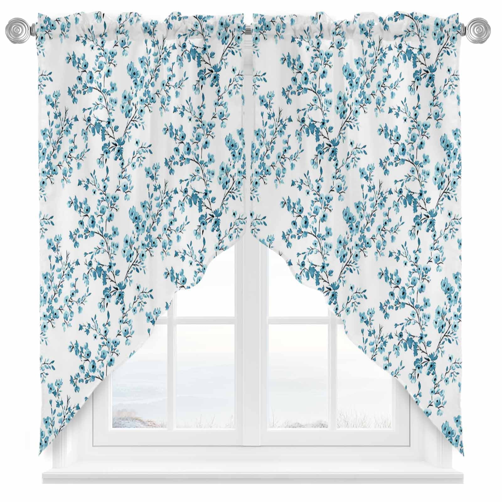 Blue Floral Swag Kitchen Curtain Valances, Watercolor Flower Leaves Bud ...