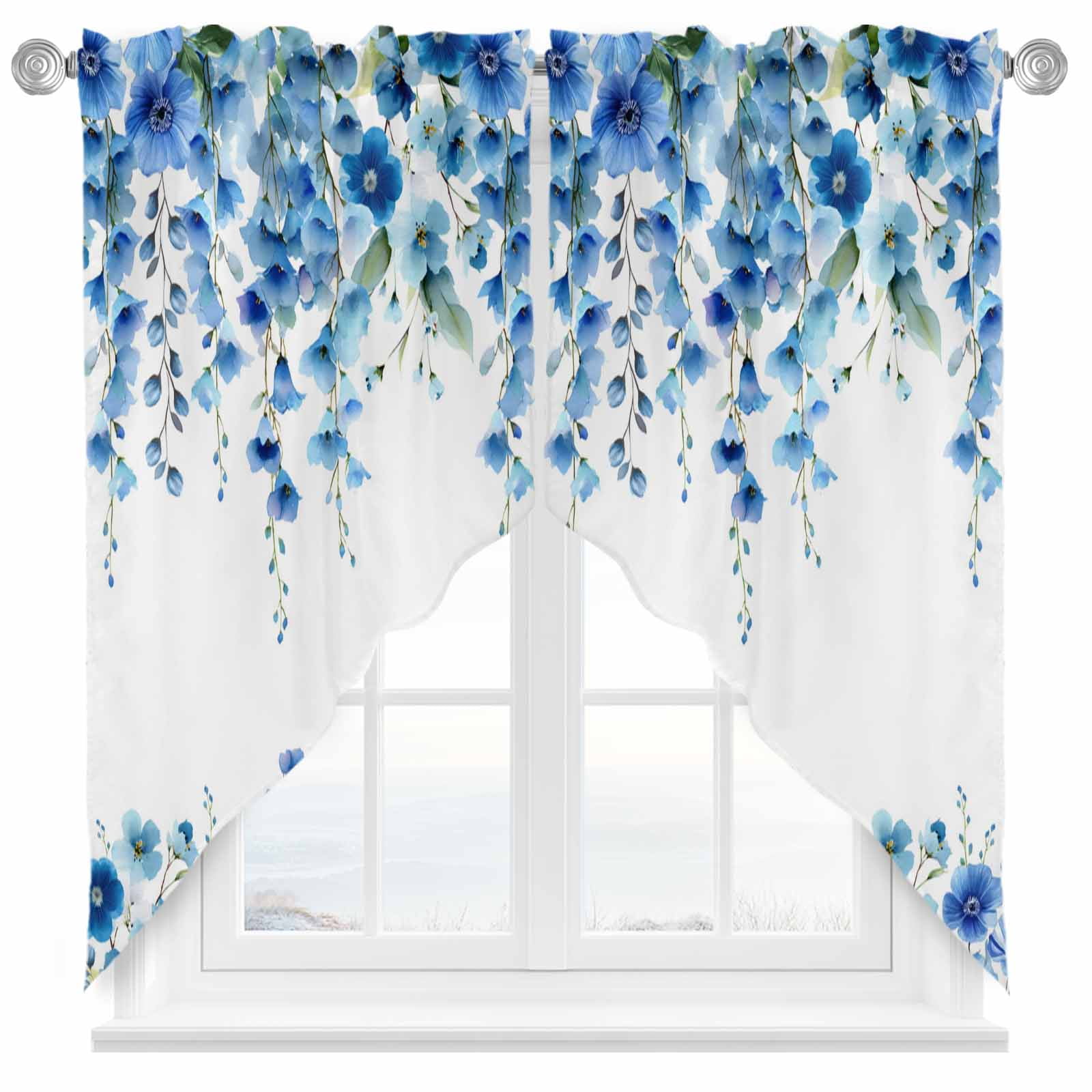 Blue Floral Swag Kitchen Curtain Valances, Watercolor Spring Gradient ...