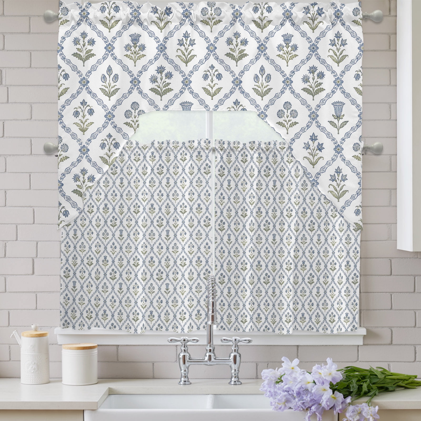 Blue Floral Swag Valance and Tier Set of 3, Country Pastoral Classic ...