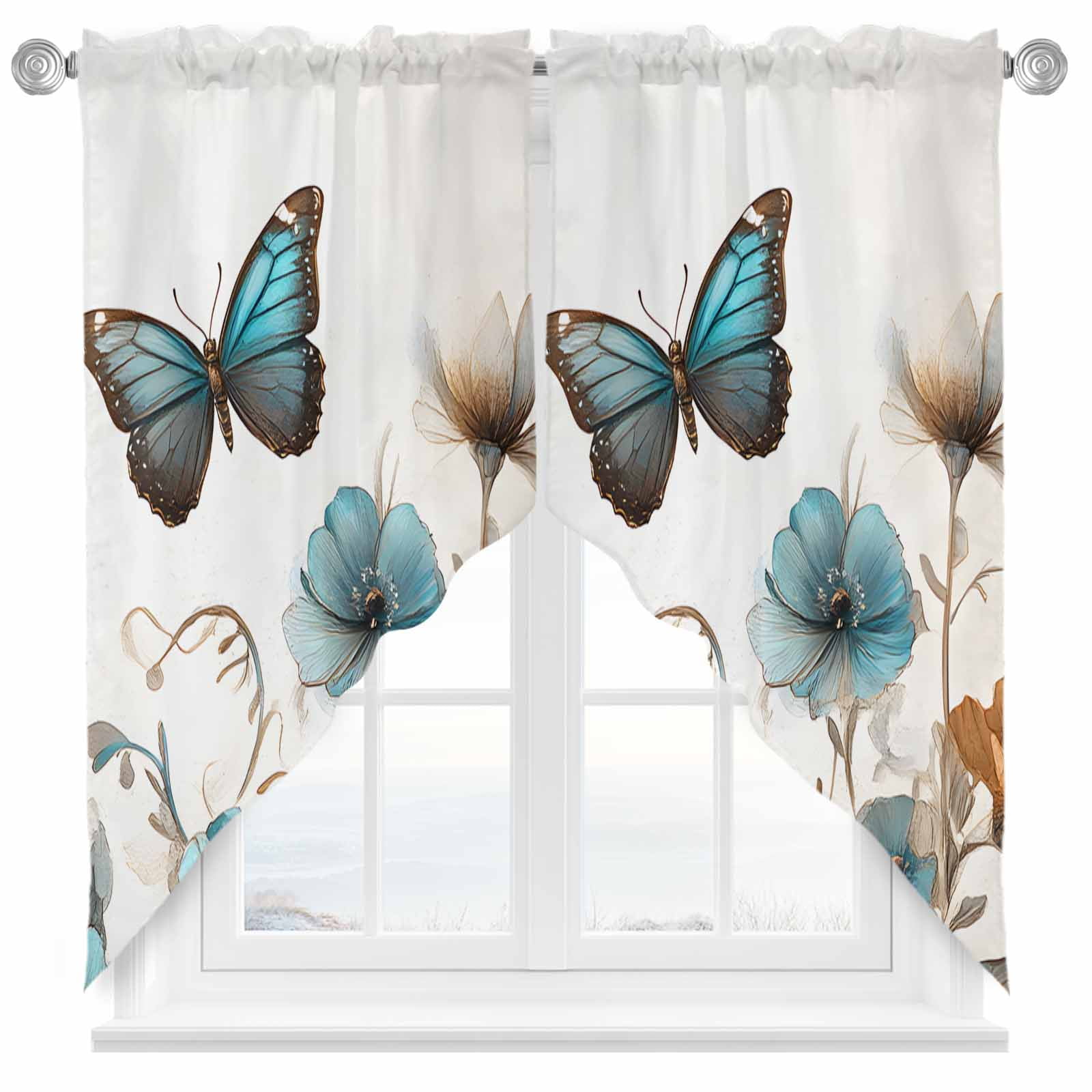 Blue Floral Swag Valances for Windows 2 Pack Butterfly Watercolor ...
