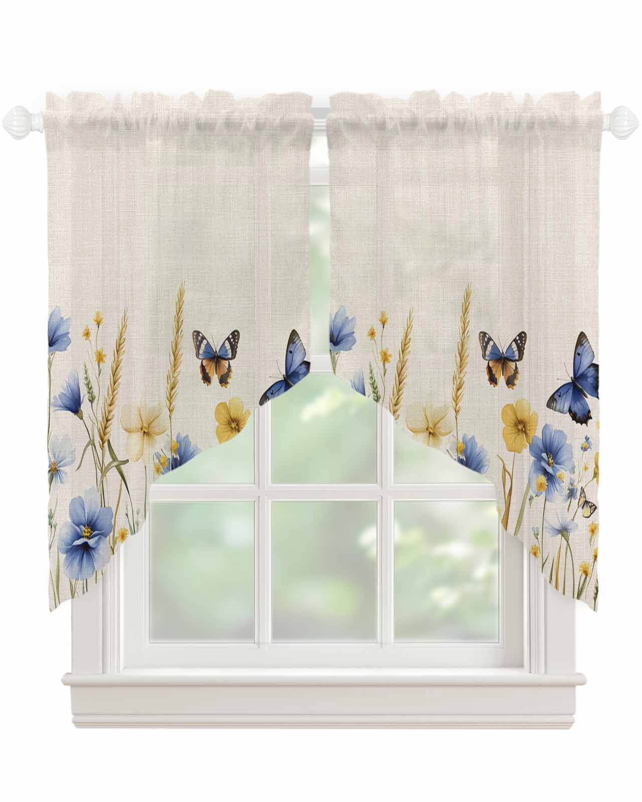Blue Floral Swag Valances for Windows, Yellow Flower Butterflies ...