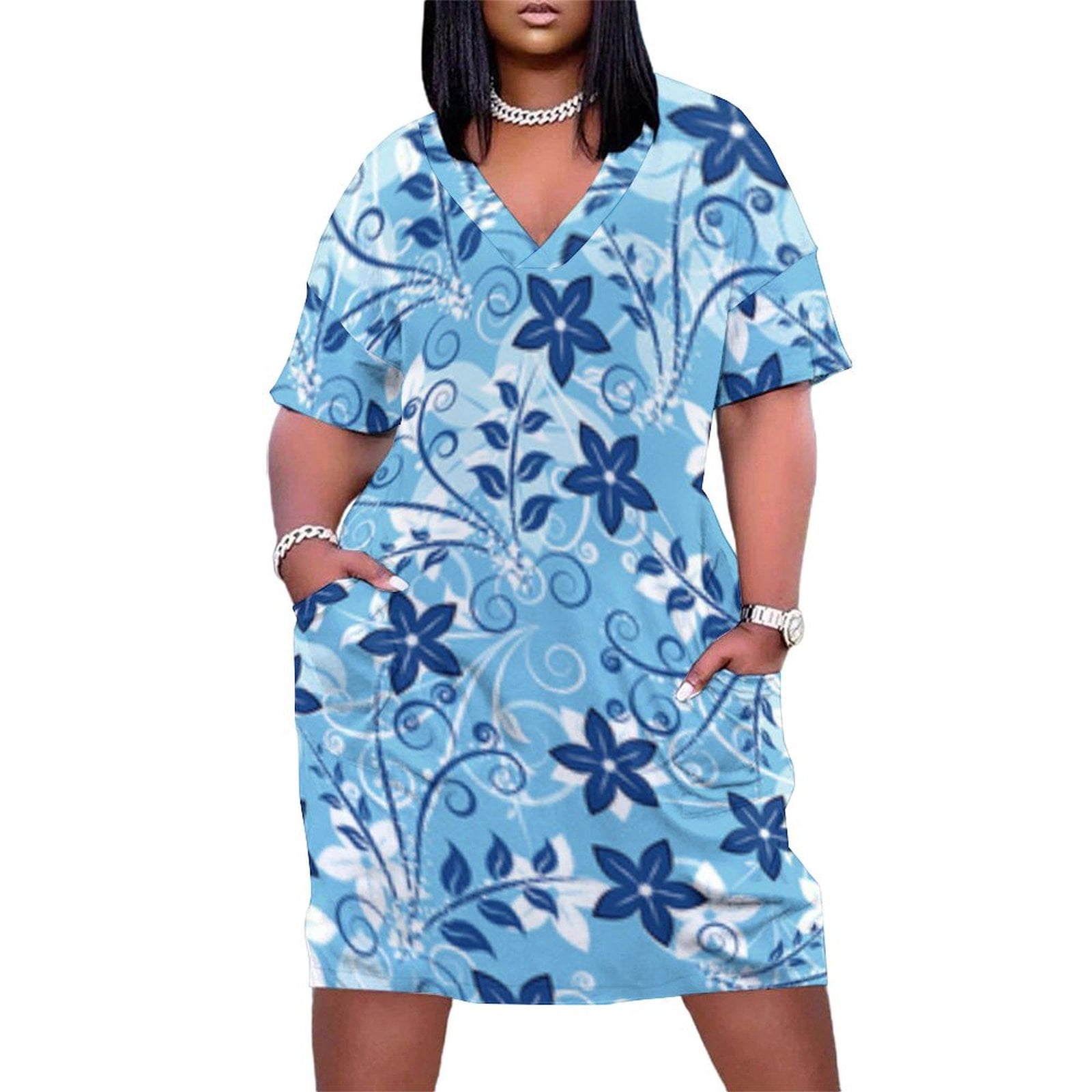 Blue Floral Swirl Pattern Design Women's Loose Short Sleeve Dress ...