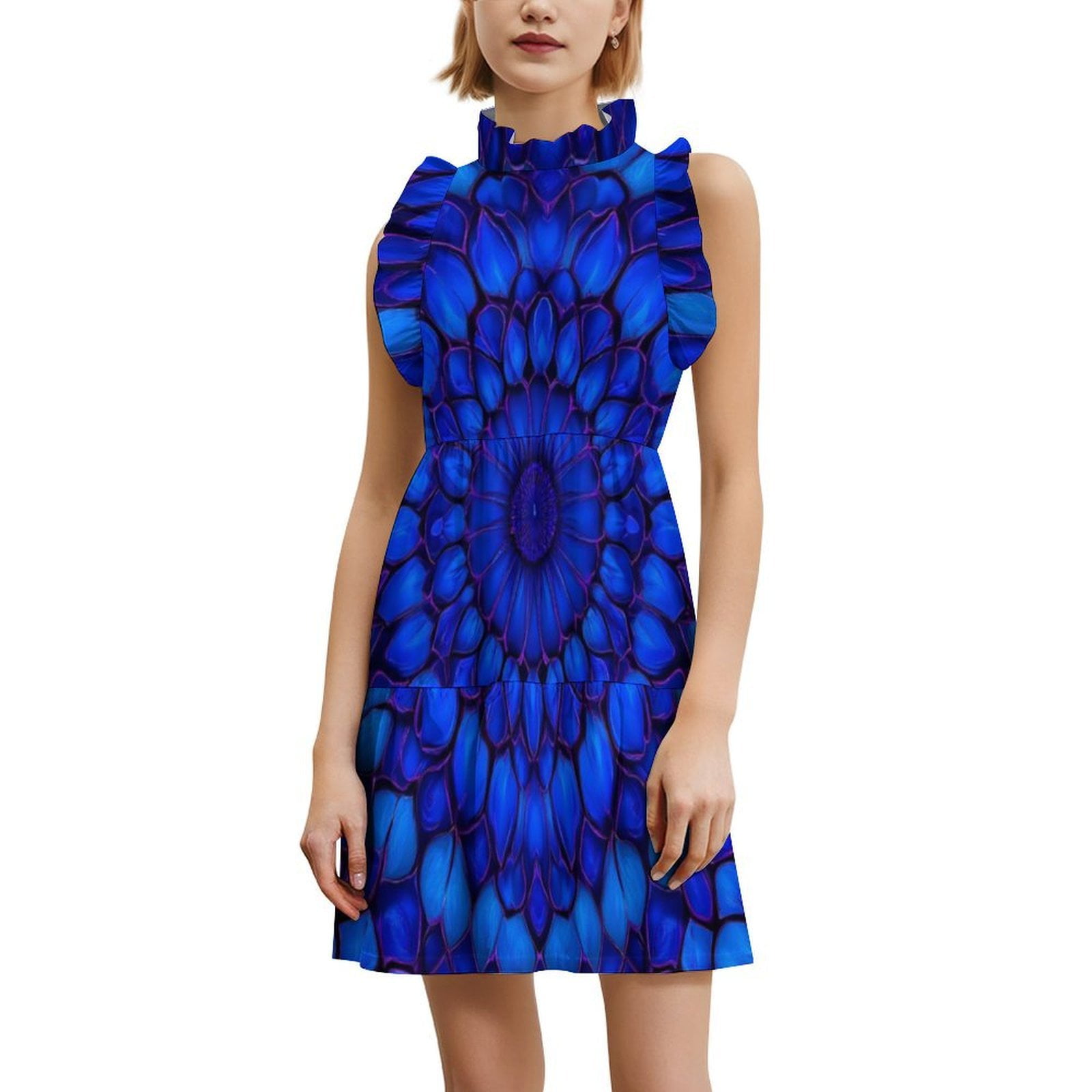 Blue Floral Symmetrical Abstract Design Women's Fashion Casual Dress ...