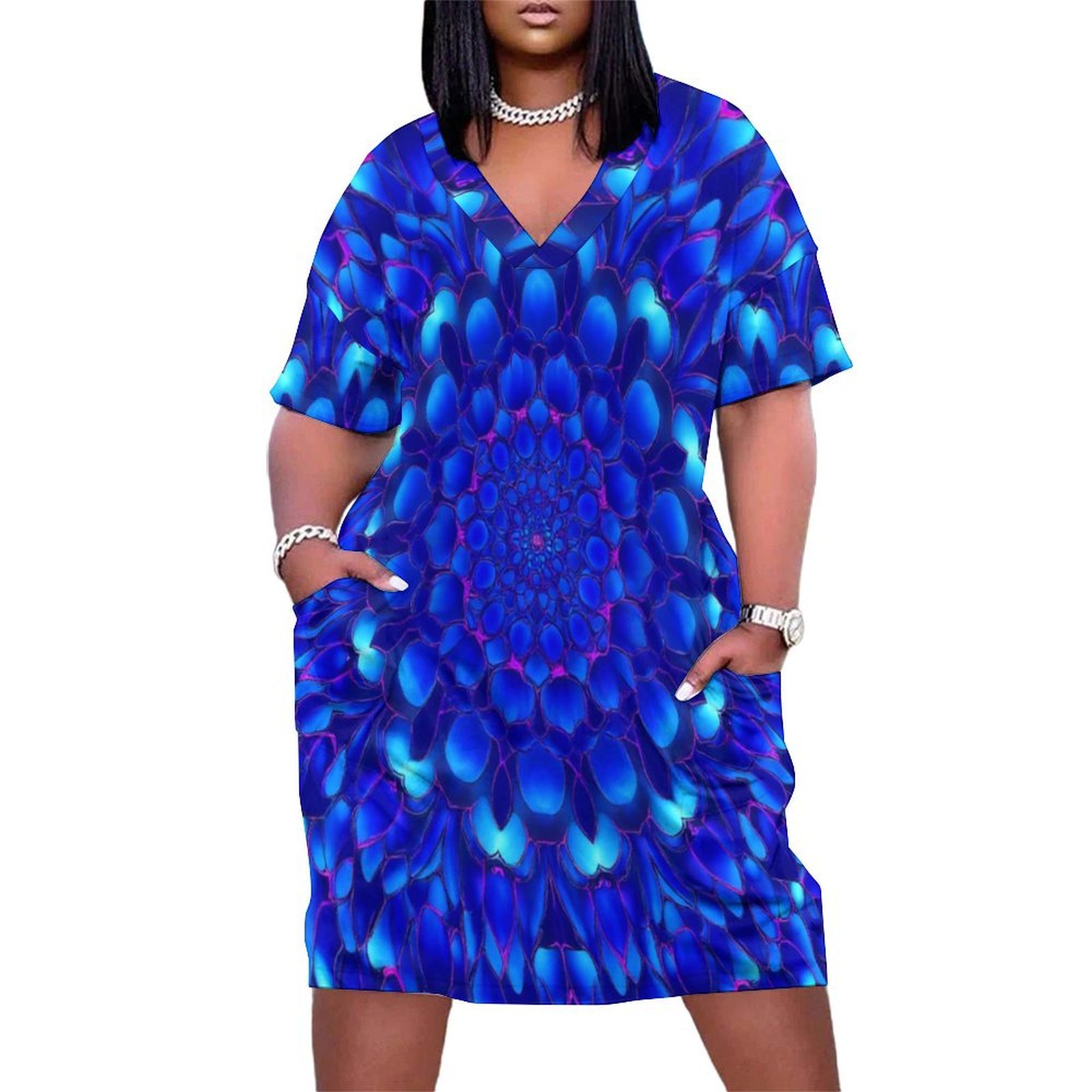 Blue Floral Symmetrical Art Loose Pocket Dress Dresses Summer Summer ...