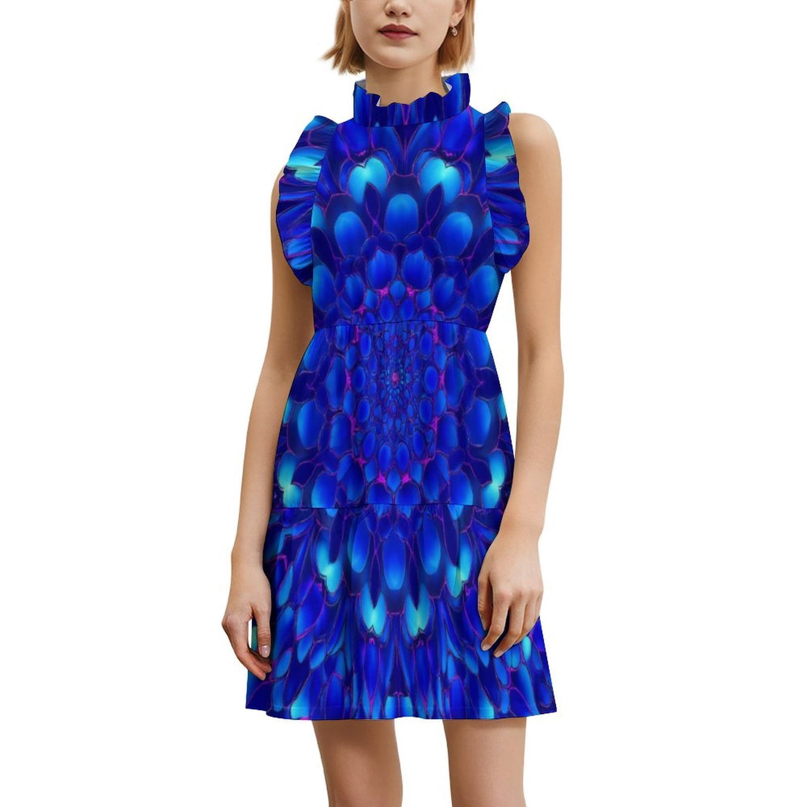 Blue Floral Symmetrical Art Women's Fashion Casual Dress Summer Stand ...