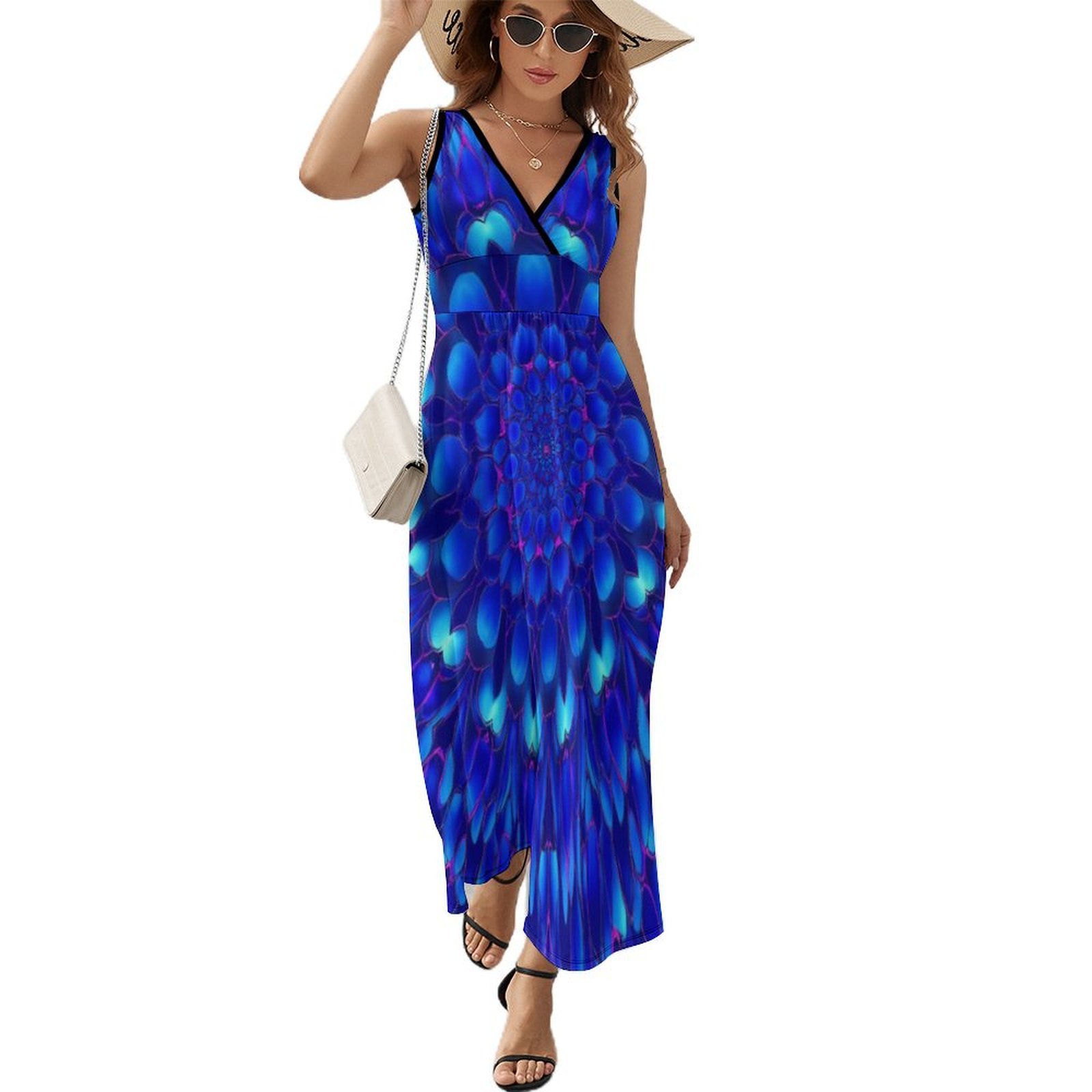 Blue Floral Symmetrical Art Womens Night Club Maxi Dress V Neck ...