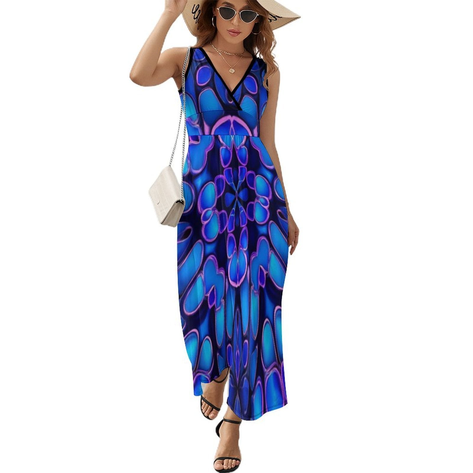 Blue Floral Symmetrical Pattern Dress Summer Street Style Bohemia Long ...