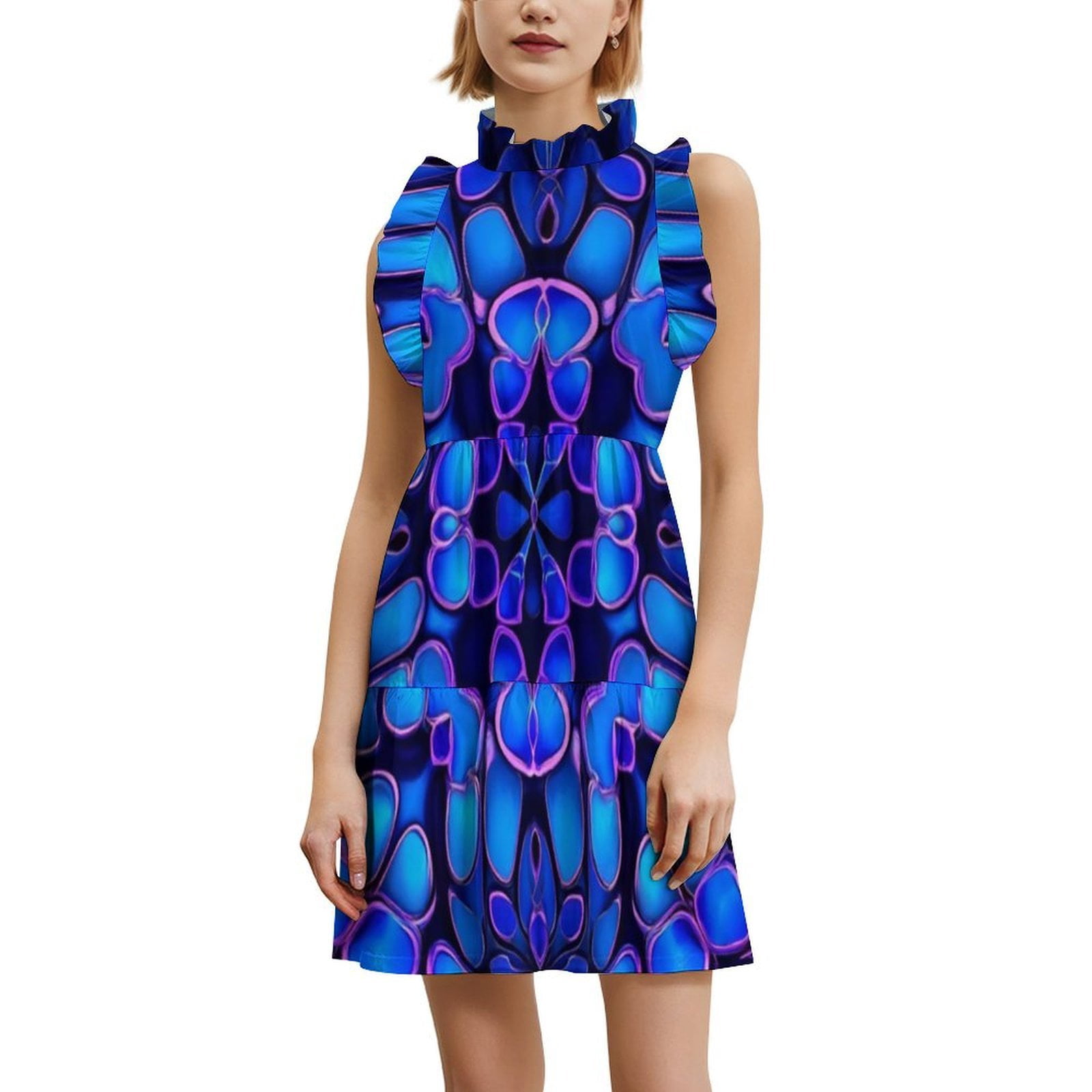 Blue Floral Symmetrical Pattern Women's Fashion Casual Dress Summer ...