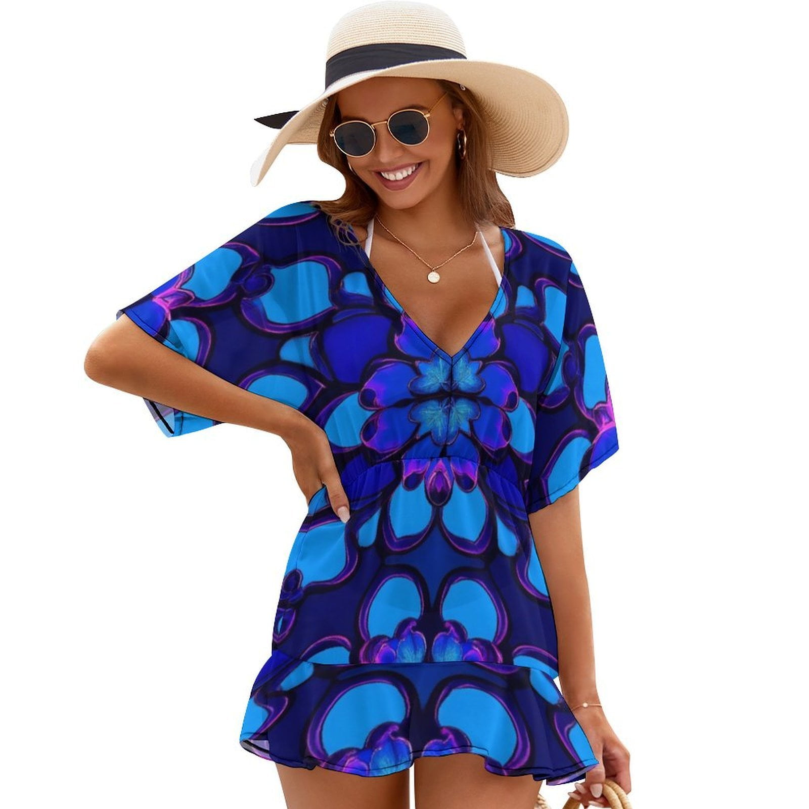 Blue Floral Symmetrical Pattern Women's Luxury Party Dress Evening ...