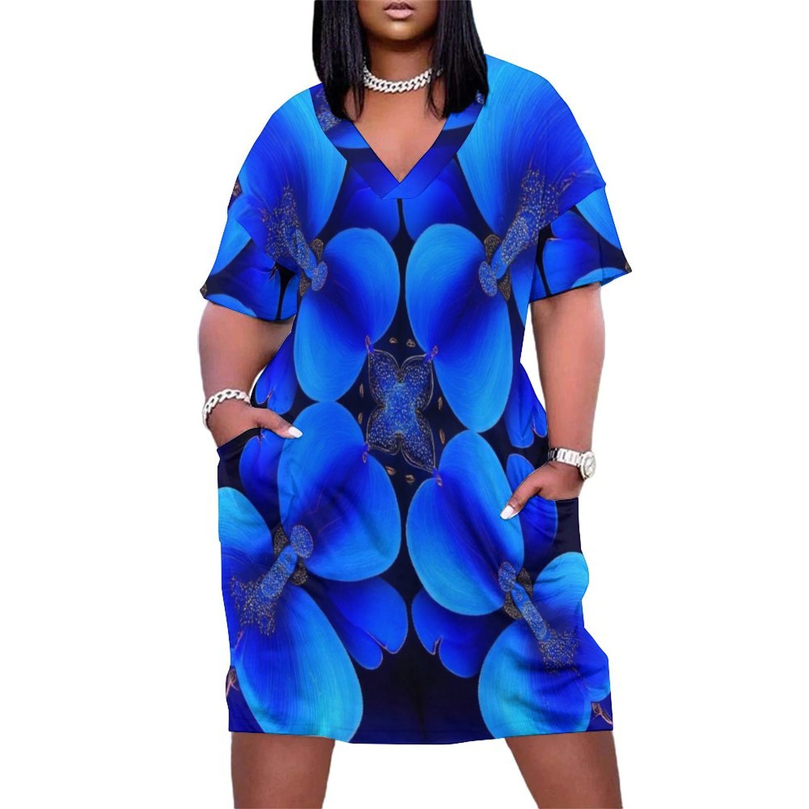 Blue Floral Symmetry Design Pattern Loose Pocket Dress Dresses Summer ...