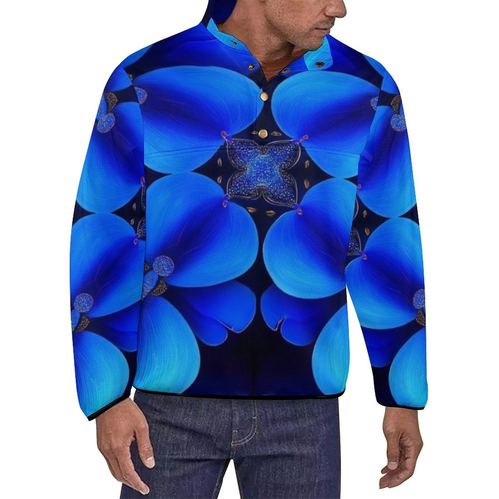 Blue Floral Symmetry Design Pattern Men's Stand Collar Sweater Long ...