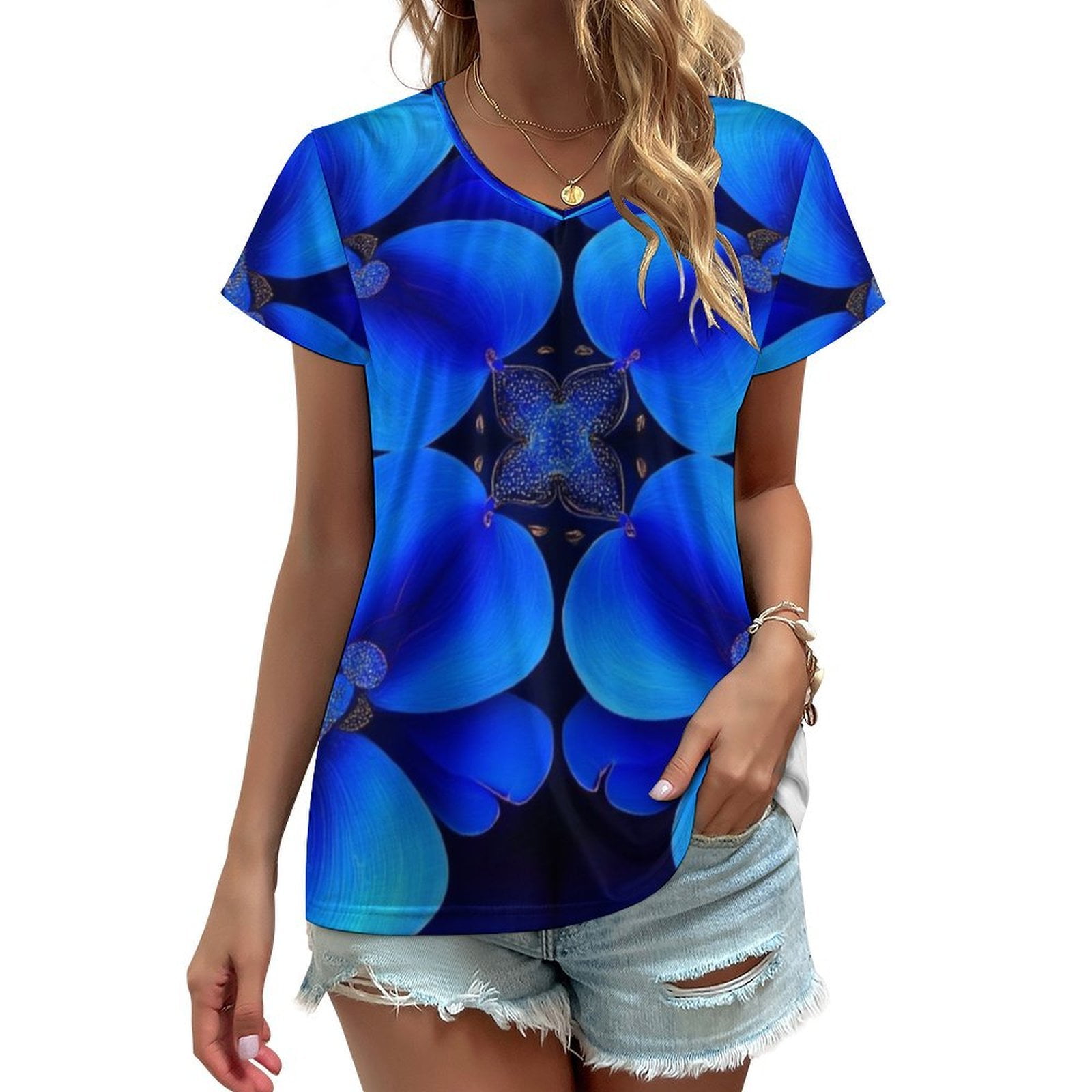 Blue Floral Symmetry Design Pattern Women's Blouse Short Sleeve Women's ...