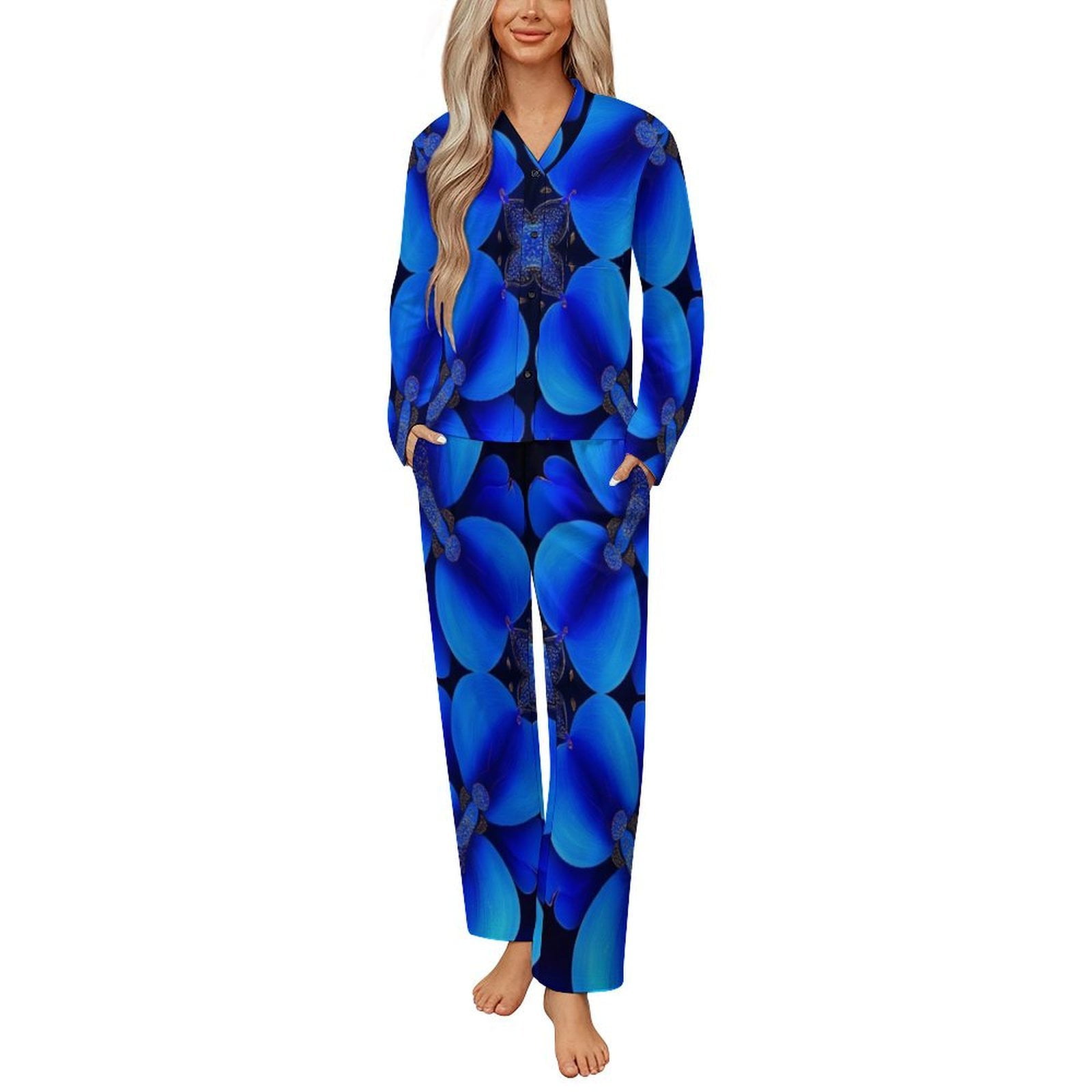 Blue Floral Symmetry Design Pattern Womens Pyjamas Set Button Up ...