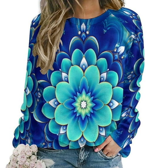 Blue Floral Symmetry Hoodie Round Neck Long Sleeve Cute Casual Hoodie ...