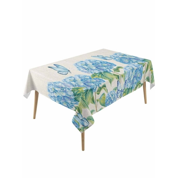 Blue Floral Table Cloth, Summer Botanical Hydrangeas Butterfly ...