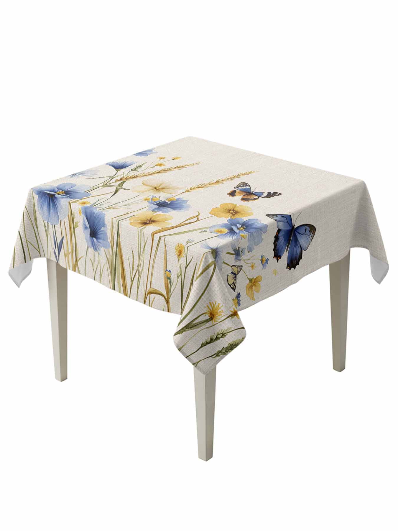 Blue Floral Table Cloth, Yellow Flower Butterflies Country Plant ...