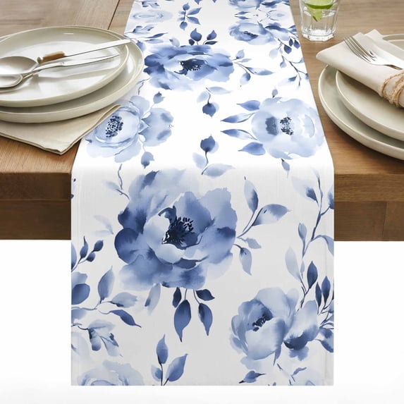 Blue Floral Table Runner 13x60 inch Watercolor Spring Blooming Flowers ...