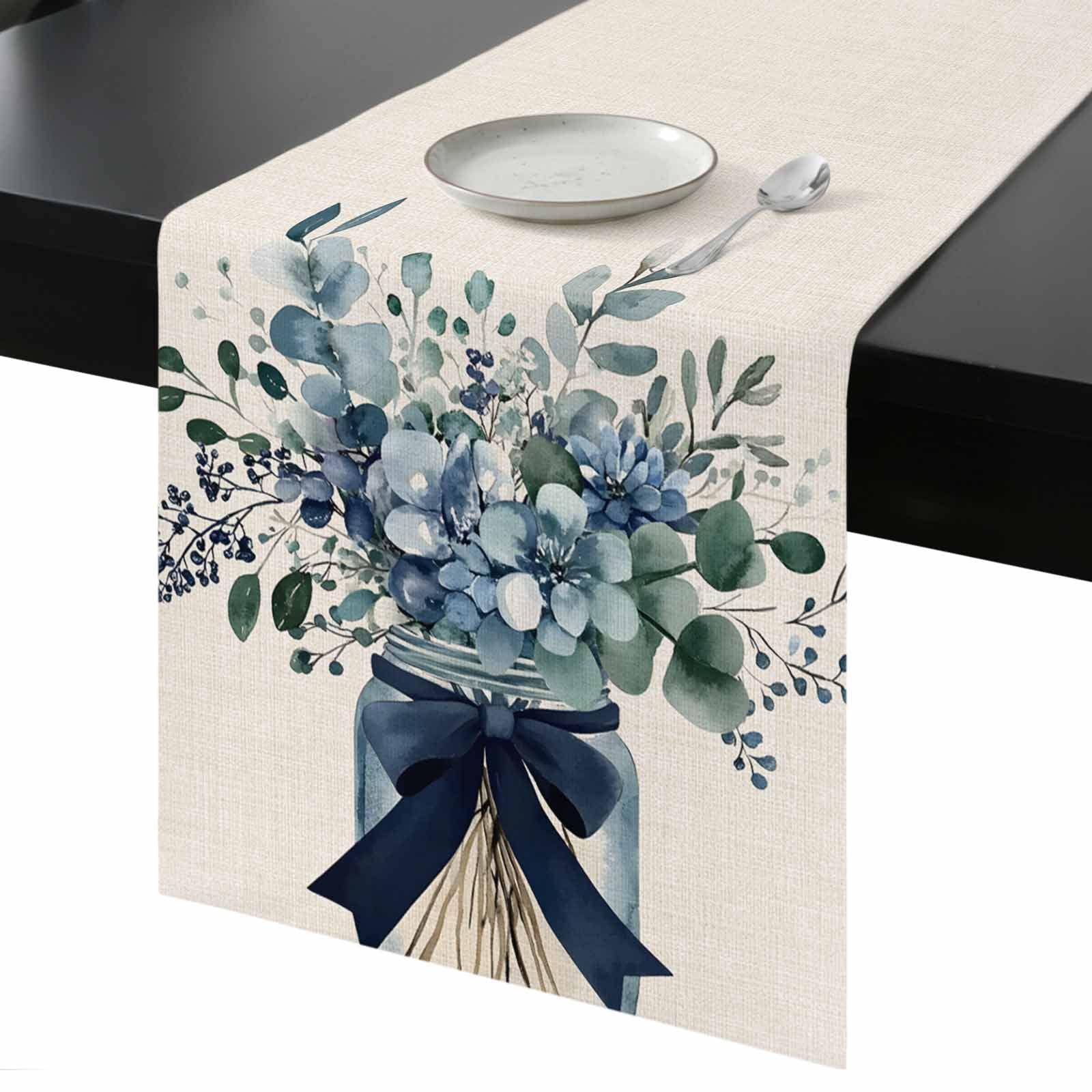 Blue Floral Table Runner 13x70 Inch Pastoral Eucalyptus Leaf Bow Vase ...