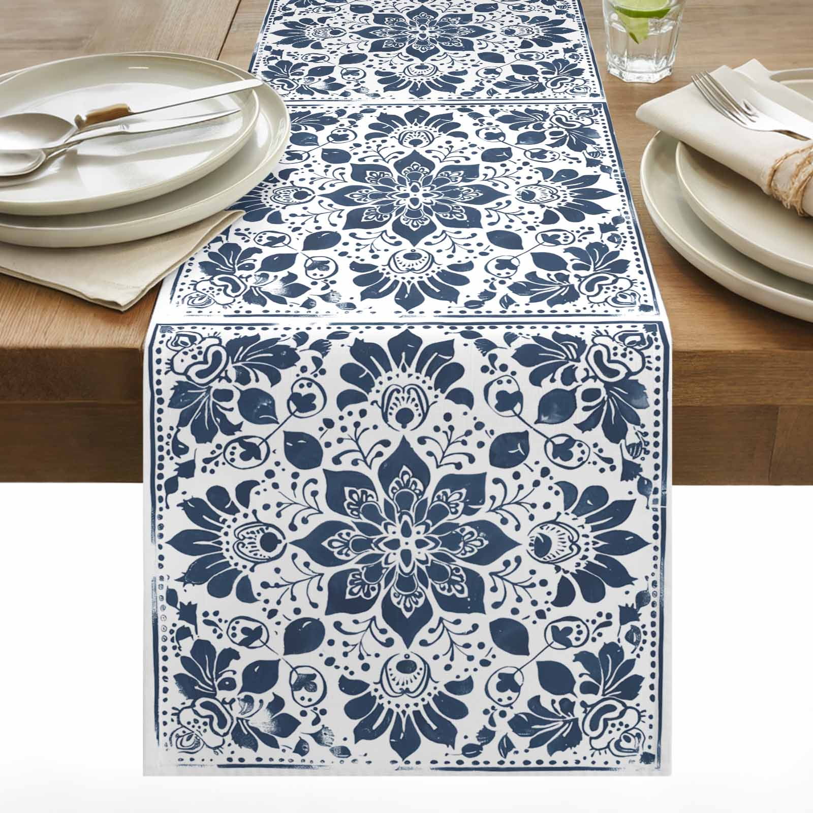 Blue Floral Table Runner 13x72 inch Pattern Leaves Geometric Art Cotton Linen Dining Table ...