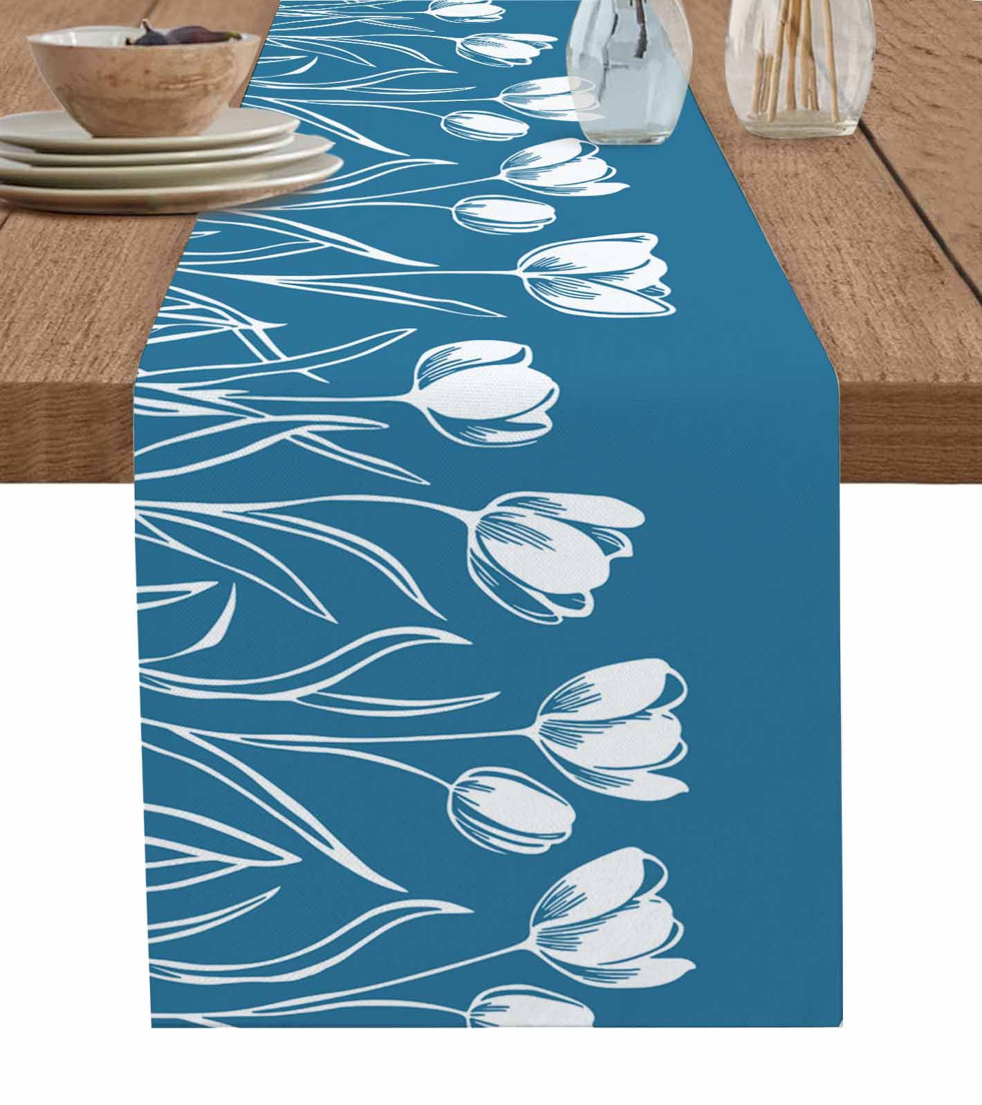 Blue Floral Table Runner 72 Inches, Country Plant Leaf Botanical Tulip ...