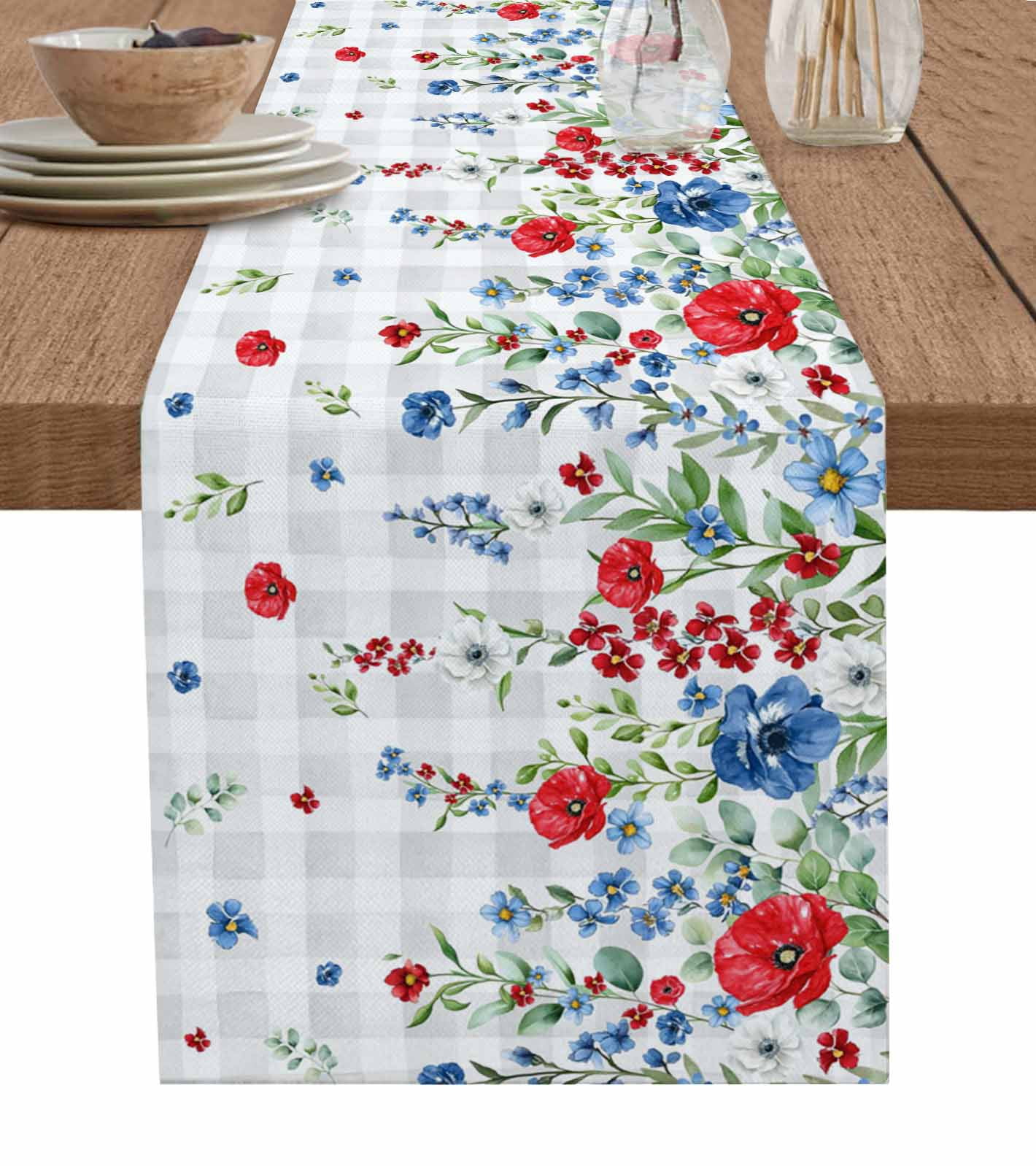 Blue Floral Table Runner 72 Inches, Red Flowers Country Leaves Rustic ...
