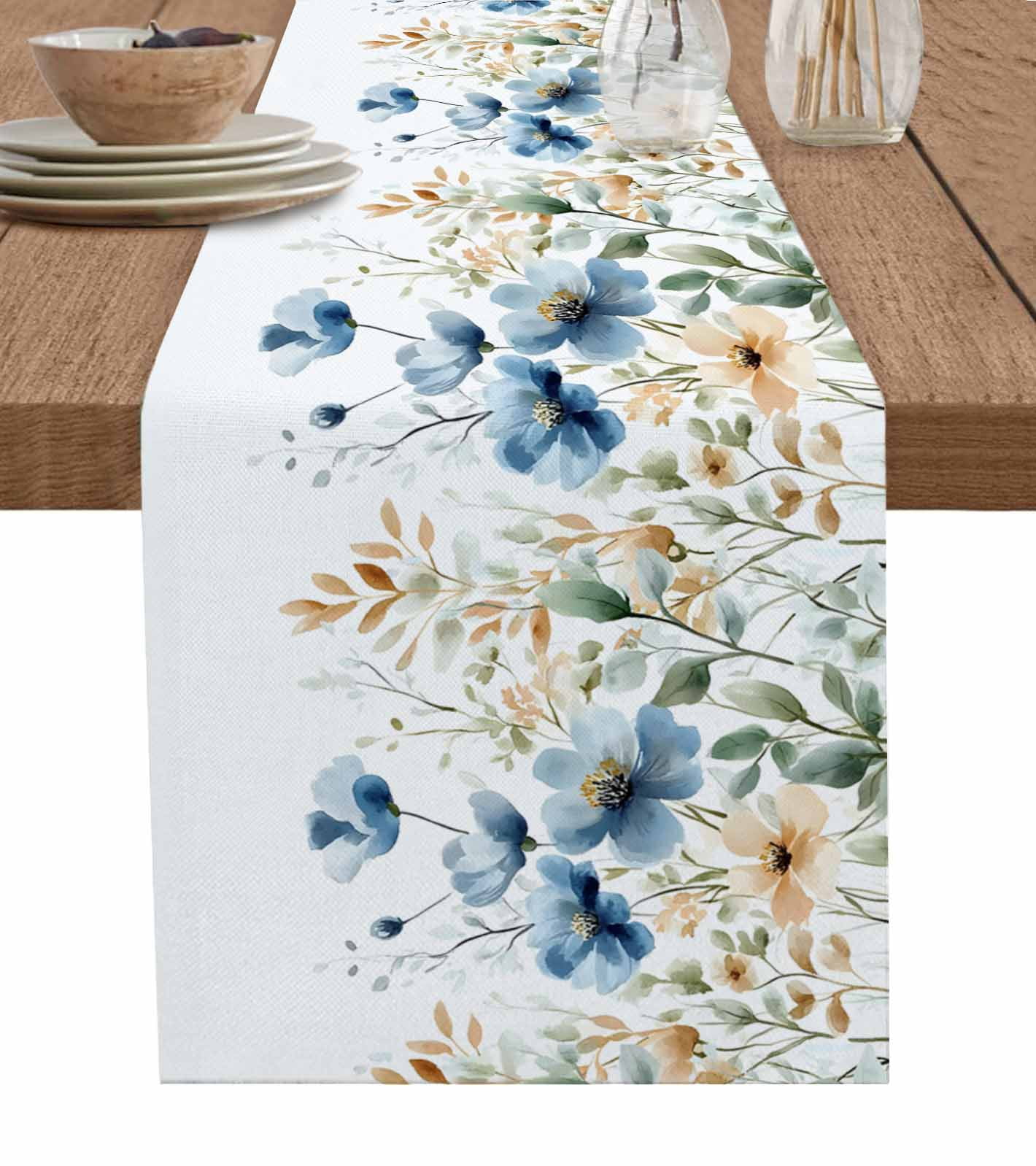 Blue Floral Table Runner 72 Inches, Sage Green Leaf Wildflowers ...