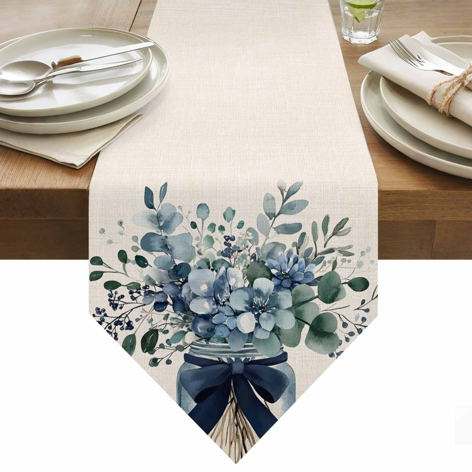 Blue Floral Table Runner 90 Inches Long Pastoral Eucalyptus Leaf Bow ...