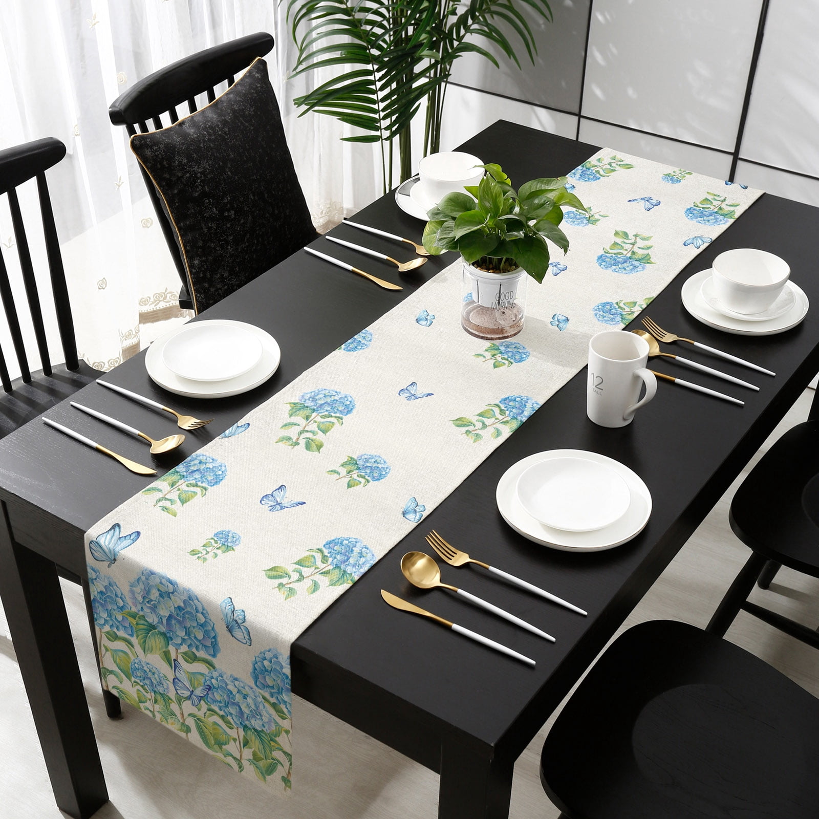 Blue Floral Table Runner 90 Inches Long - Summer Botanical Hydrangeas ...