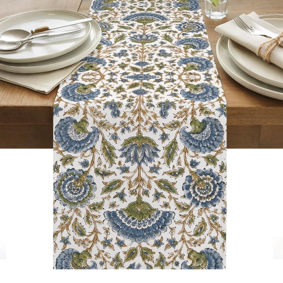Blue Floral Table Runner, Bohemian Country Rustic Farmhouse Botanical ...