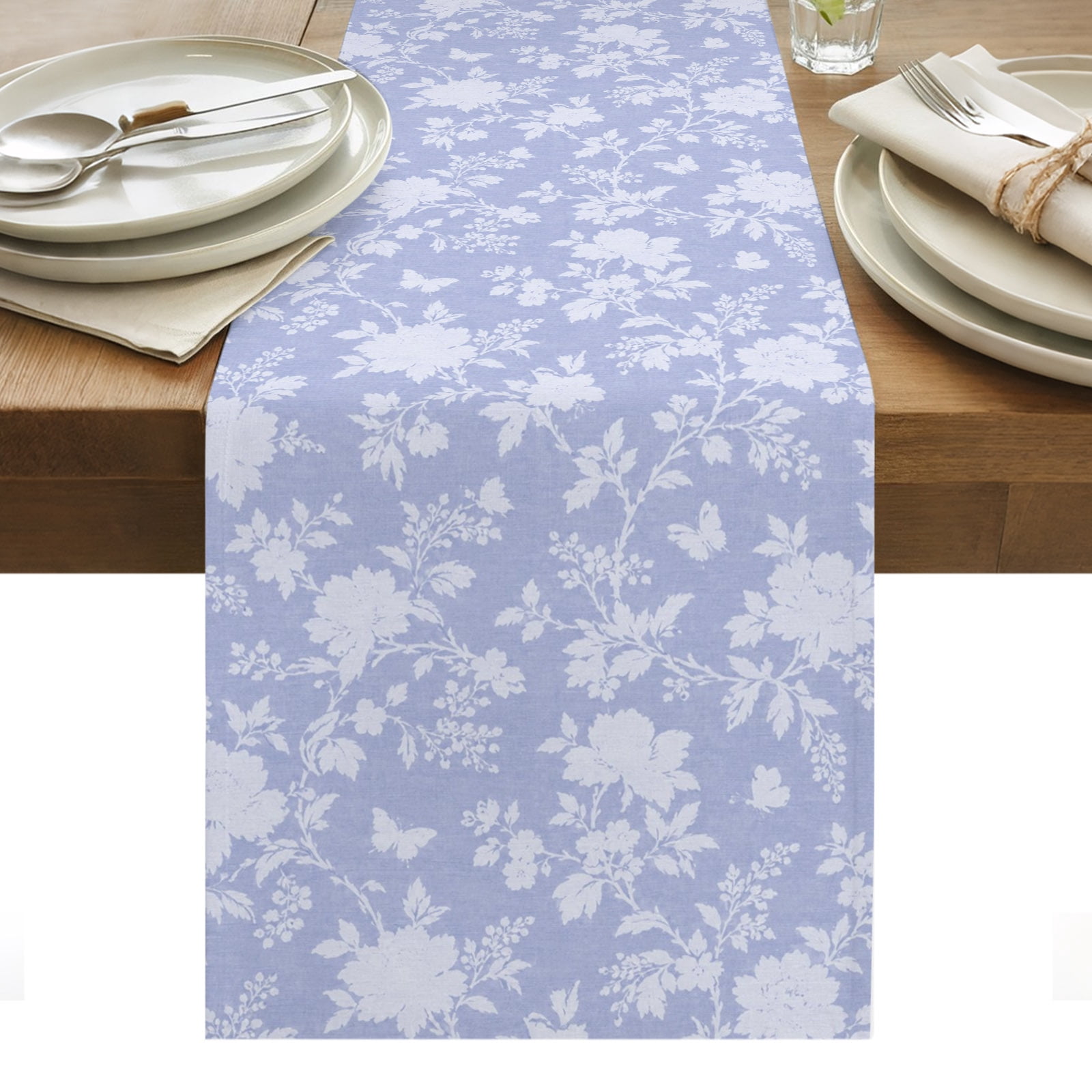 Blue Floral Table Runner, Country Vintage Pastoral Botanical Flowers ...