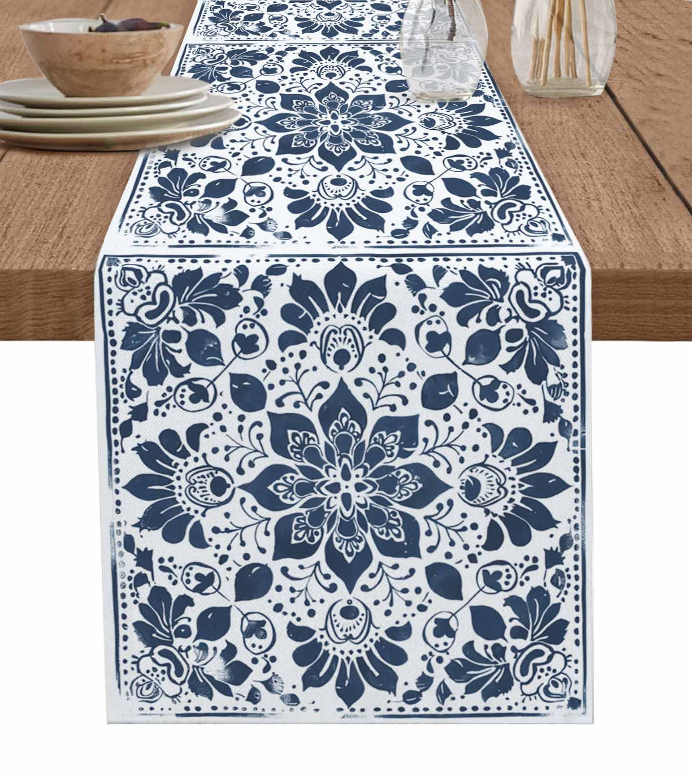 Blue Floral Table Runner Ethnic Boho Botanical Geometric Art ...