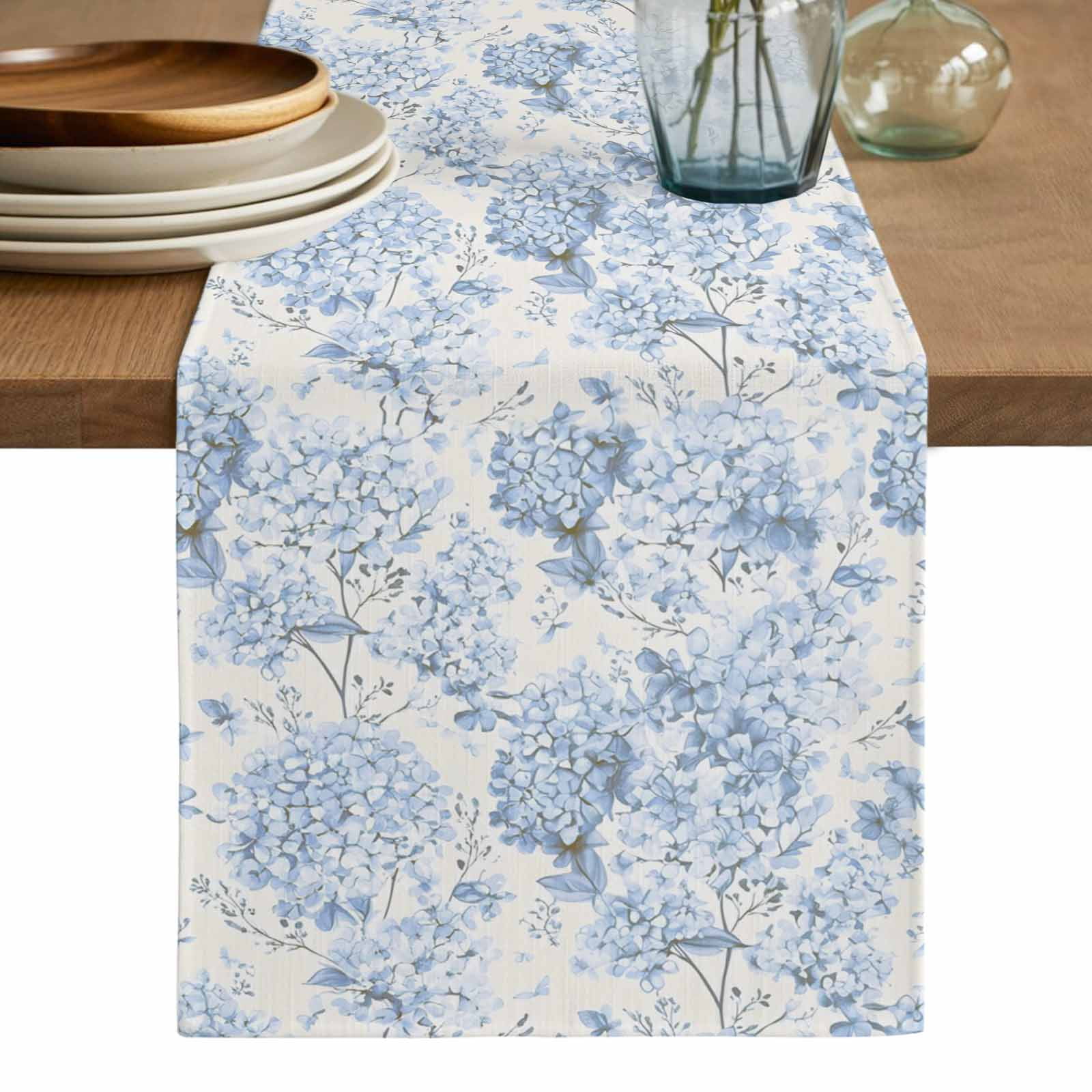 Blue Floral Table Runner, Garden Petals Flower Botanical Tree Branch ...