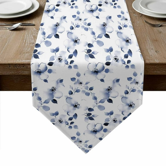 Blue Floral Table Runner Linen Burlap Table Runner 108 Inches Long ...