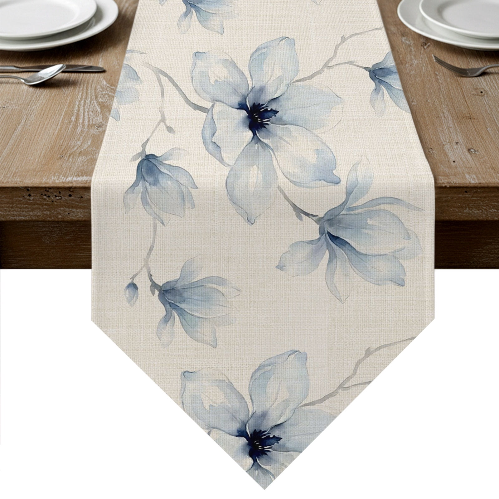 Blue Floral Table Runner Linen Burlap Table Runner 108 Inches Long ...