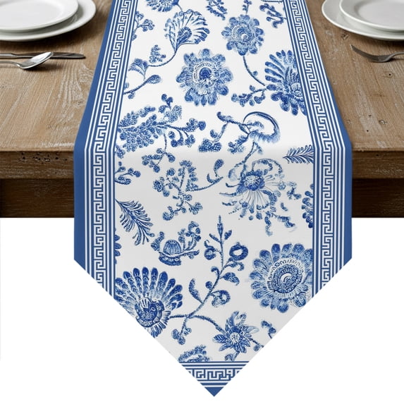 Blue Floral Table Runner Linen Burlap Table Runner 48 Inches Long ...