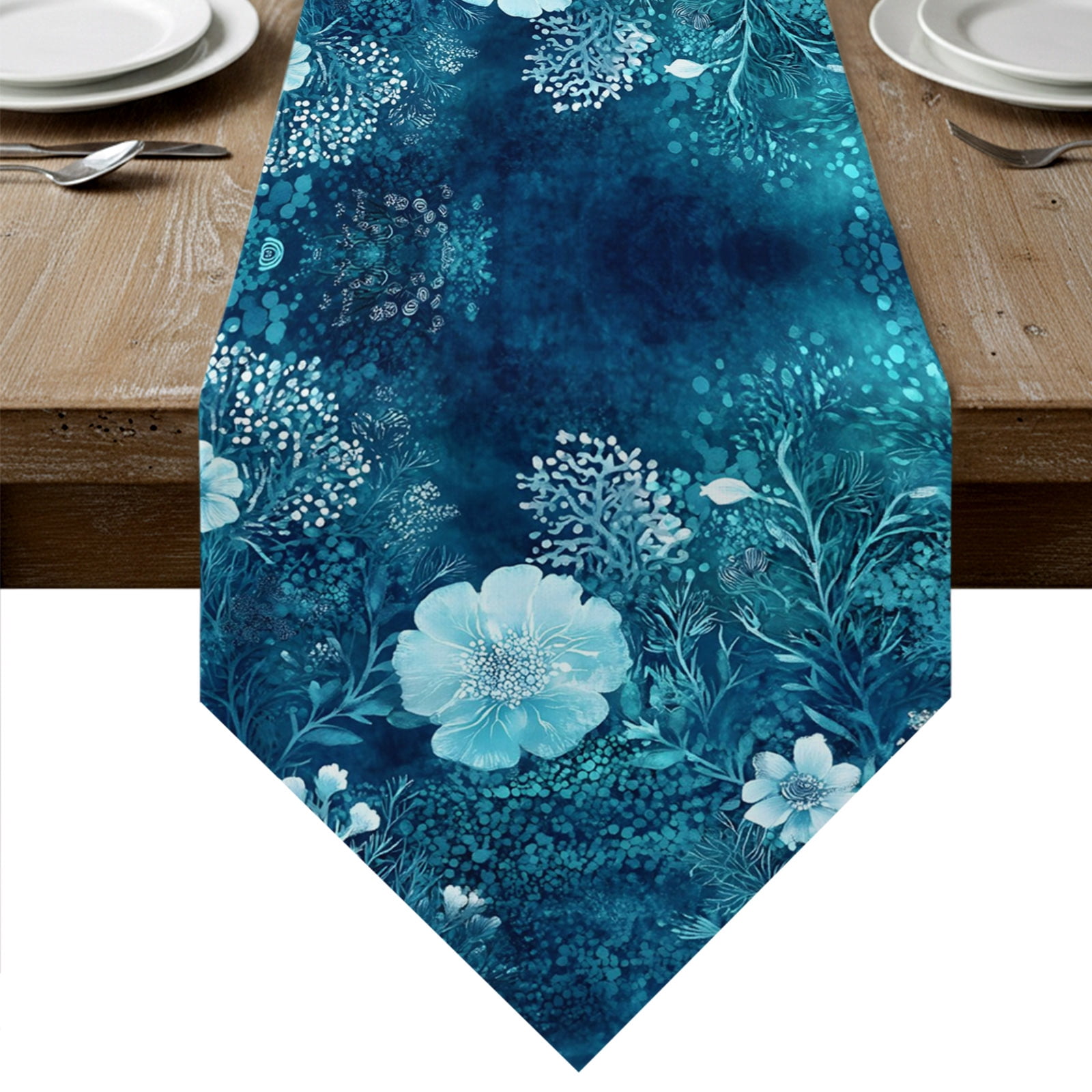 Blue Floral Table Runner Linen Burlap Table Runner 72 Inches Long ...