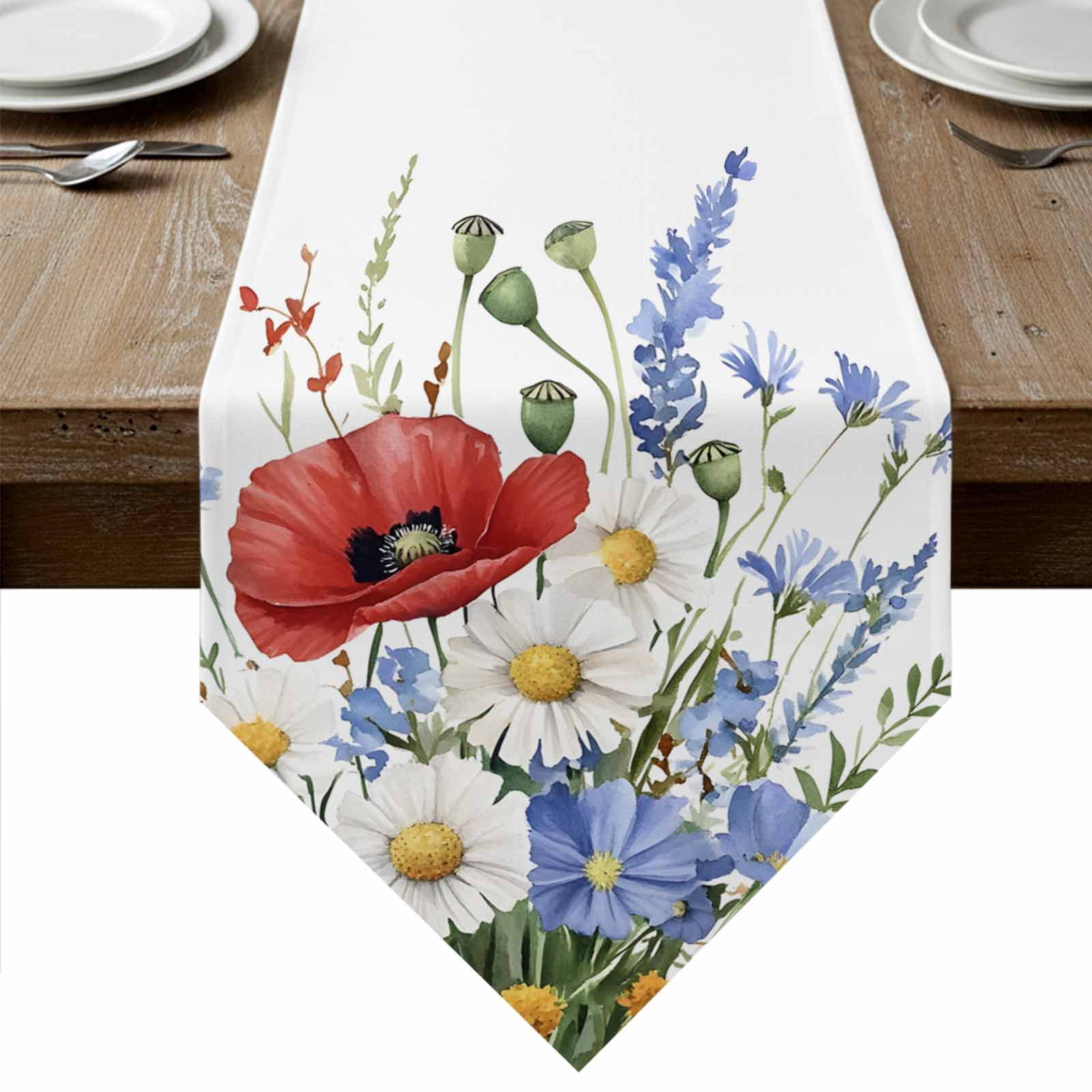 Blue Floral Table Runner Linen Burlap Table Runner 72 Inches Long Red ...