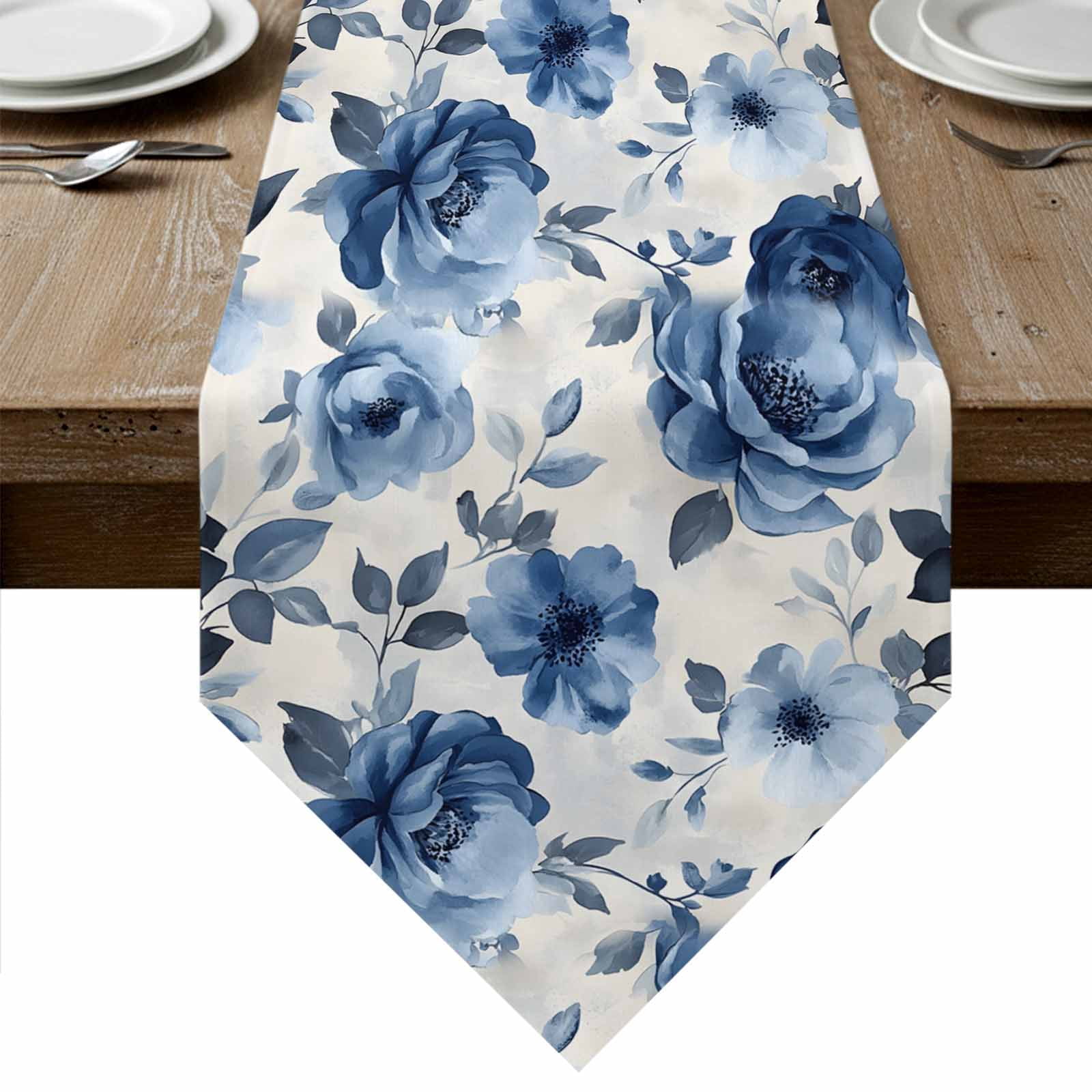 Blue Floral Table Runner Linen Burlap Table Runner 72 Inches Long ...