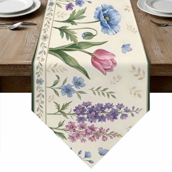 Blue Floral Table Runner Linen Burlap Table Runner 90 Inches Long ...