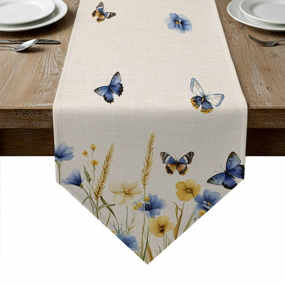 Blue Floral Table Runner Linen Burlap Table Runner 90 Inches Long ...